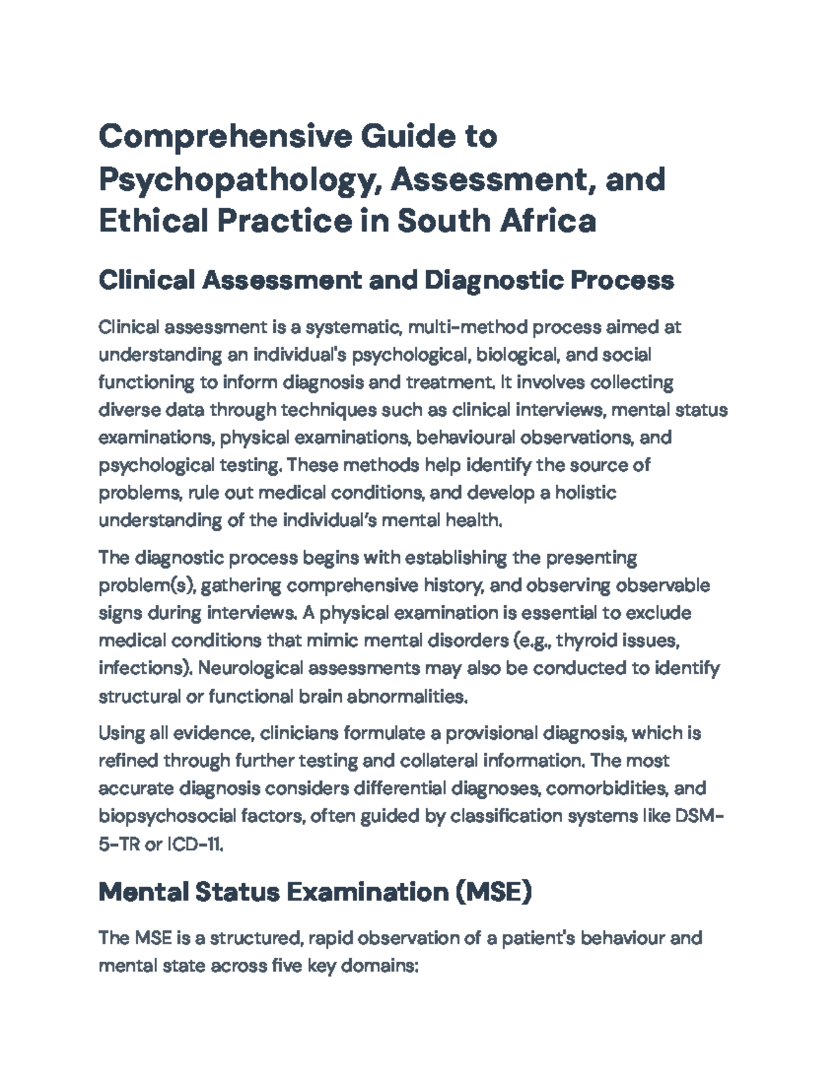 Comprehensive Guide to Psychopathology & Ethical Practice in SA - Studocu