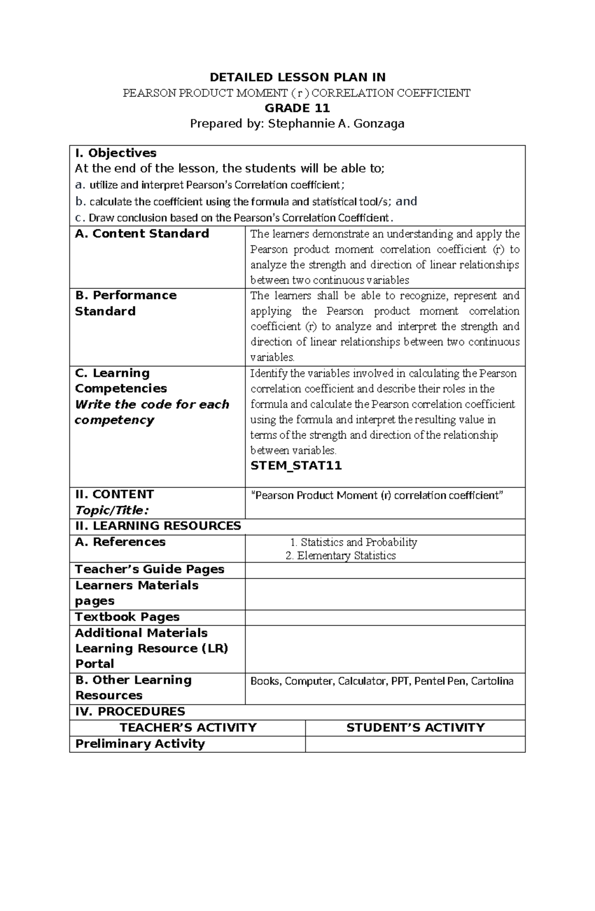 7 ES Lesson Planning: Pearson Product Moment Correlation Coefficient ...
