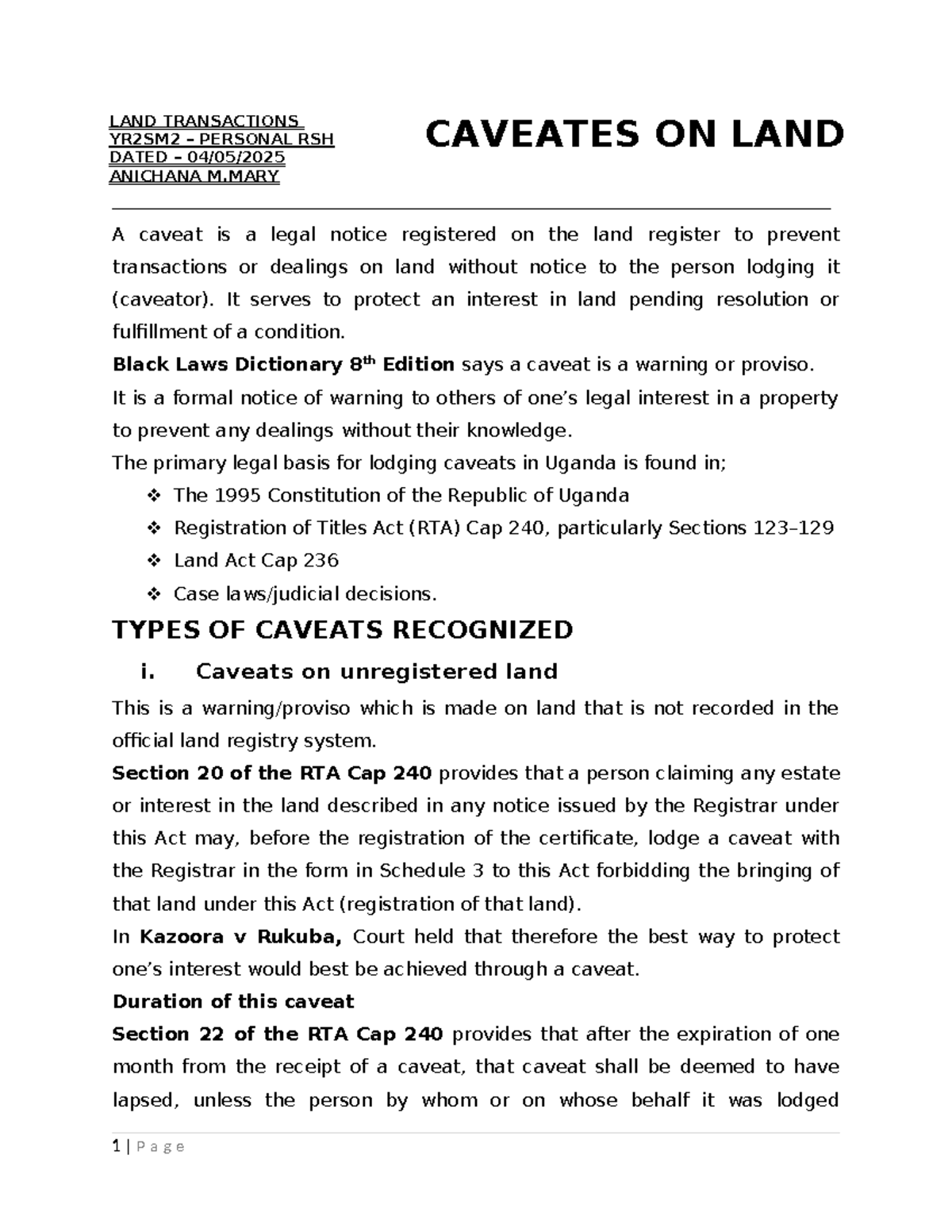 Caveats on Land Transactions: Personal Research YR2SM2 - Studocu