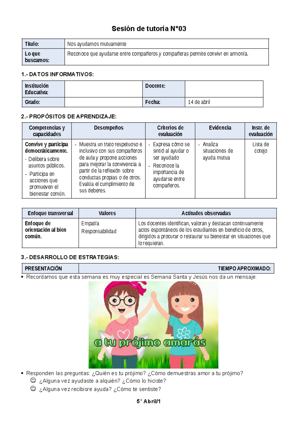 5° Grado - Tutoria N°03 - Importancia de Ayudarse Mutuamente - Studocu