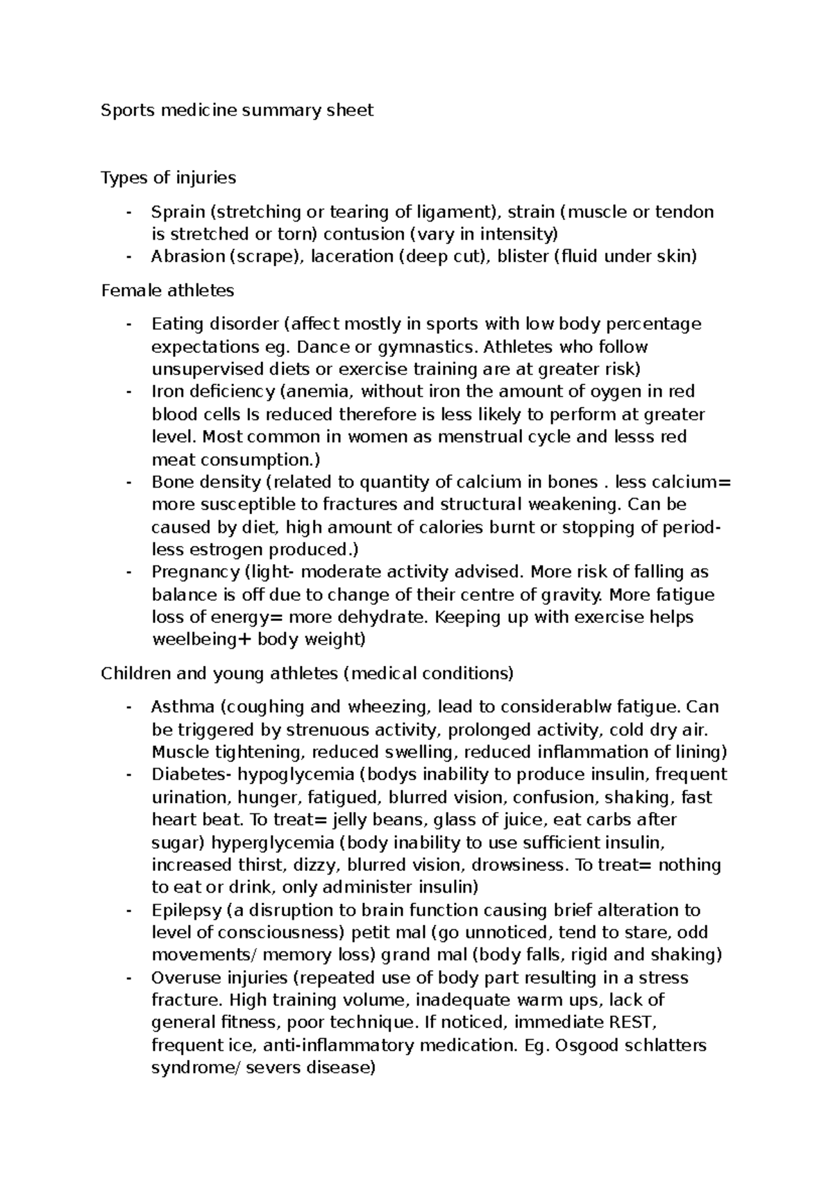 Sports Medicine Summary Sheet: Injuries & Conditions Overview - Studocu