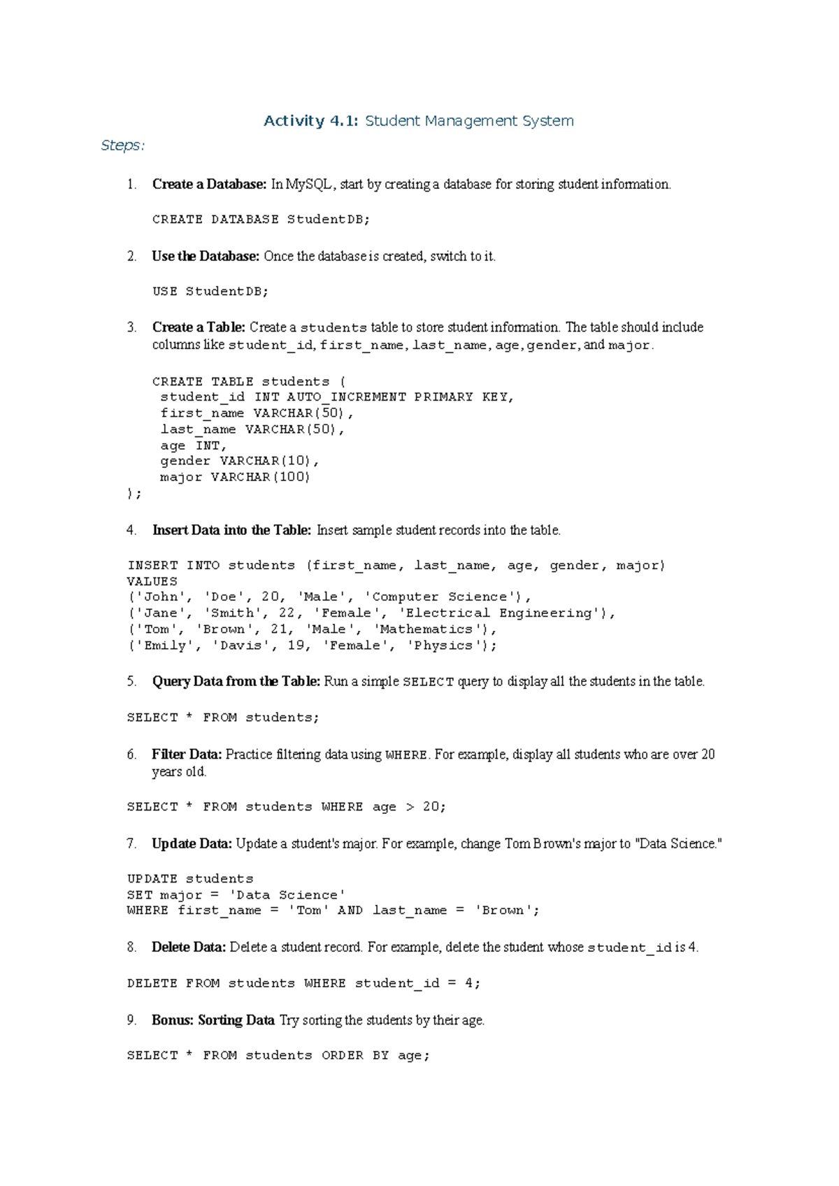 Act 4.1 DBMS: Student Management System Activities Guide - Studocu