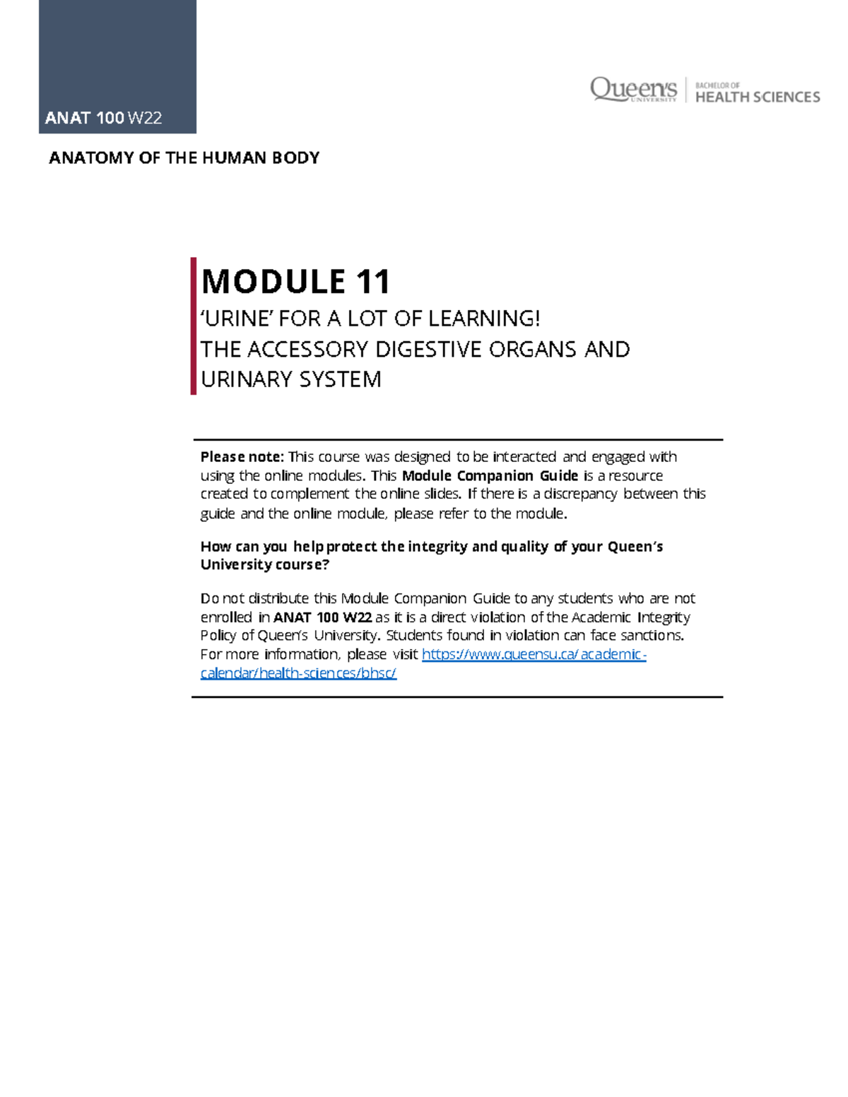 ANAT100 W22 Module 11: Accessory Digestive Organs & Urinary System ...
