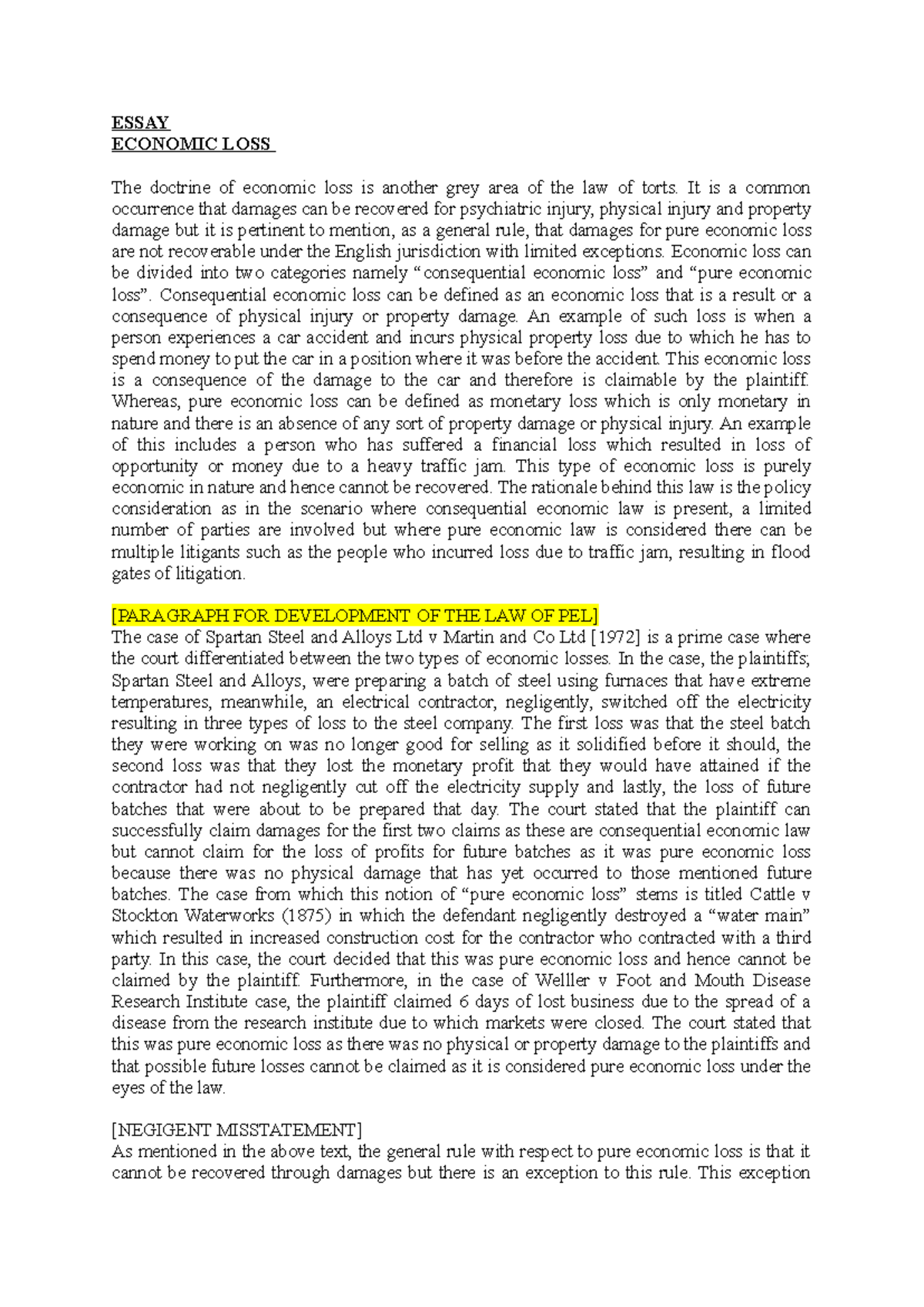 TORT- Economic Loss: Distinguishing Pure and Consequential Claims - Studocu