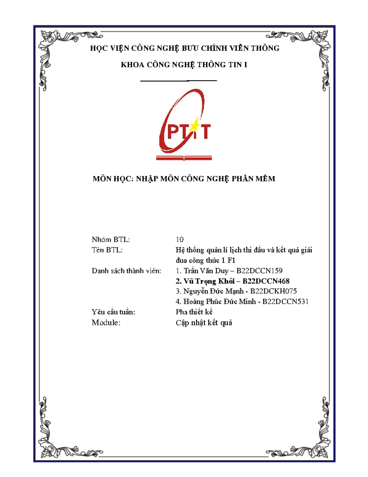 BTL CNPM - N10 - Thiết kế Hệ thống Quản lý Đua Công thức 1 F1 - Studocu