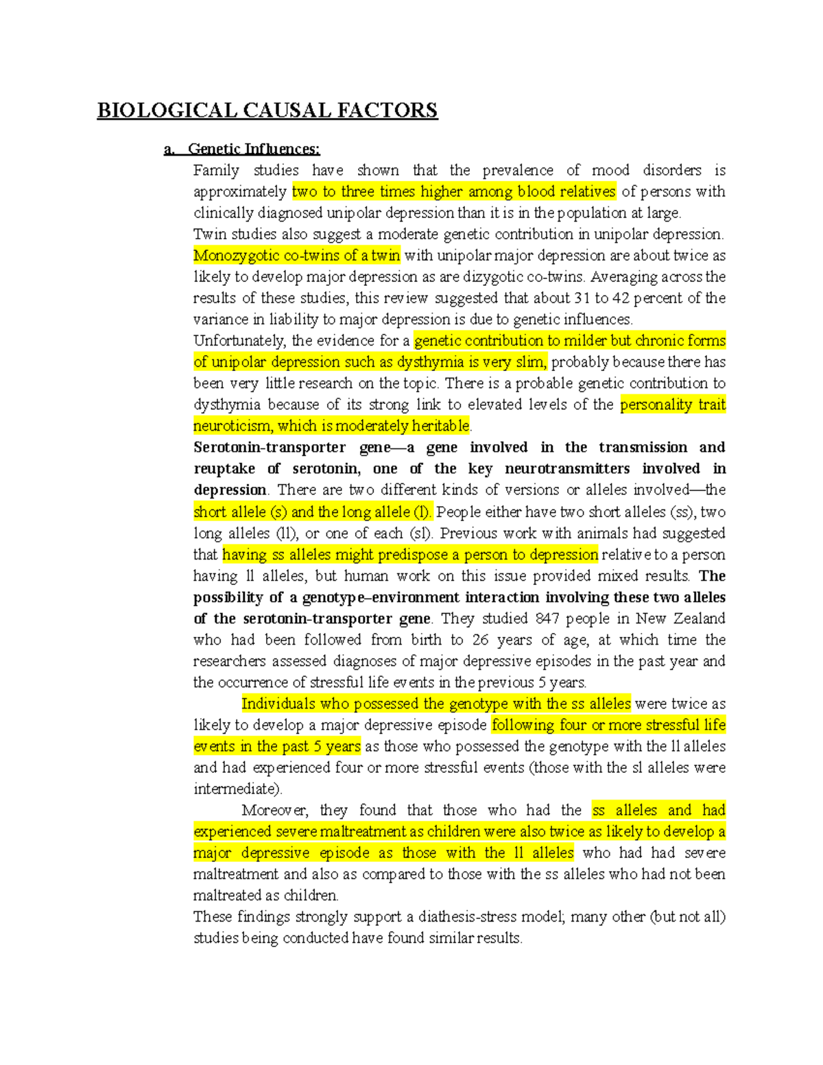 MOOD Disorders Causes - BIO 101 Lecture Notes on Biological Factors ...