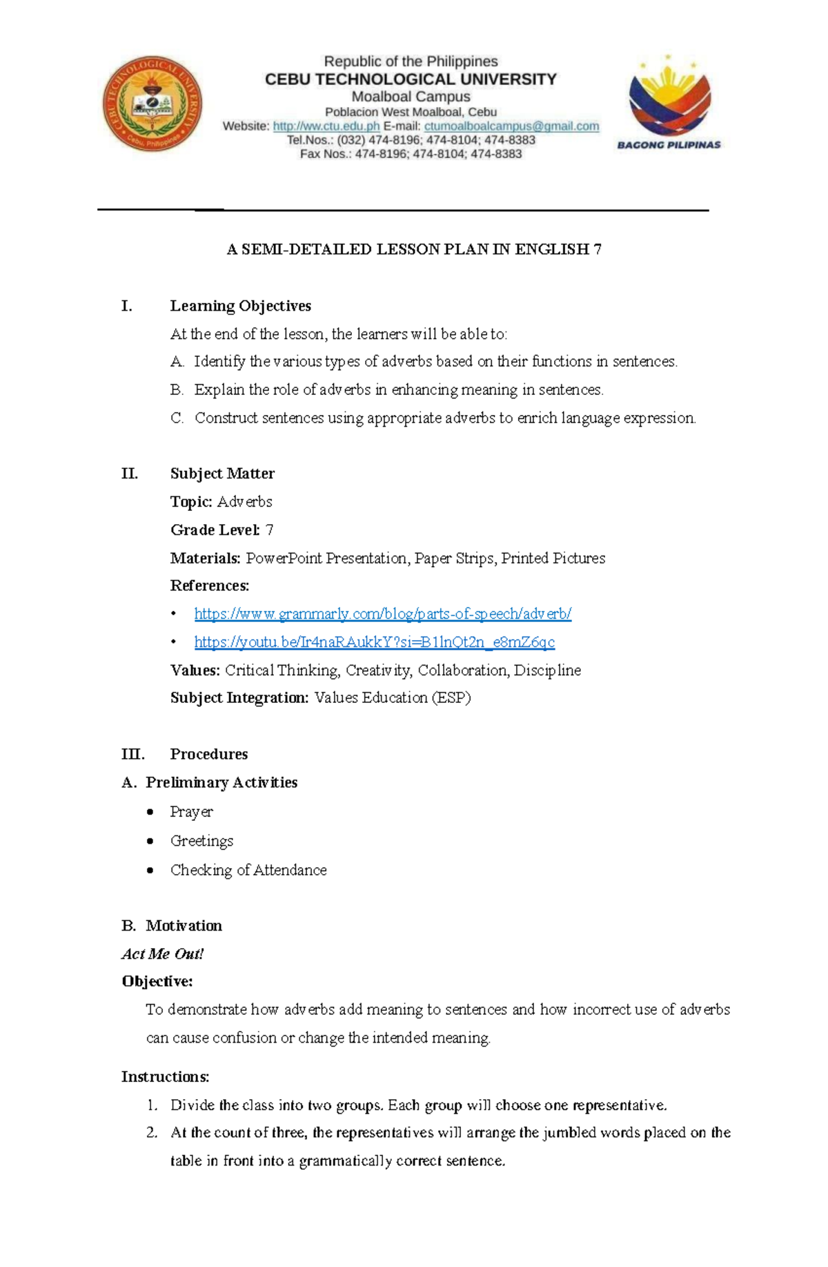 Adverbs Lesson Plan for English 7: Enhancing Sentence Clarity - Studocu