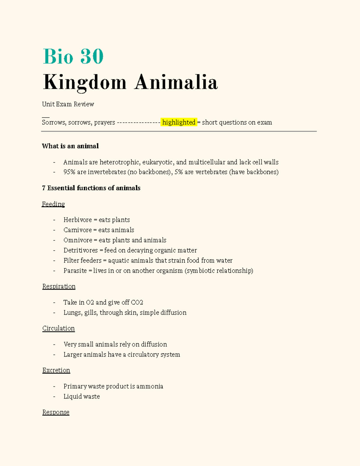 Bio 30 - Kingdom Animalia Unit Exam Review Guide - Studocu