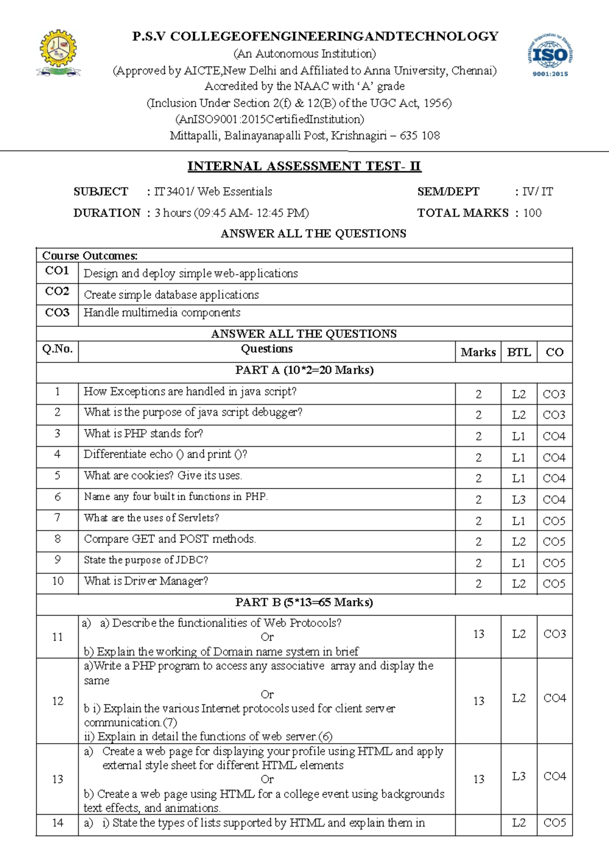 IAT-2 Web Essentials - Internal Assessment II Question Paper - Studocu