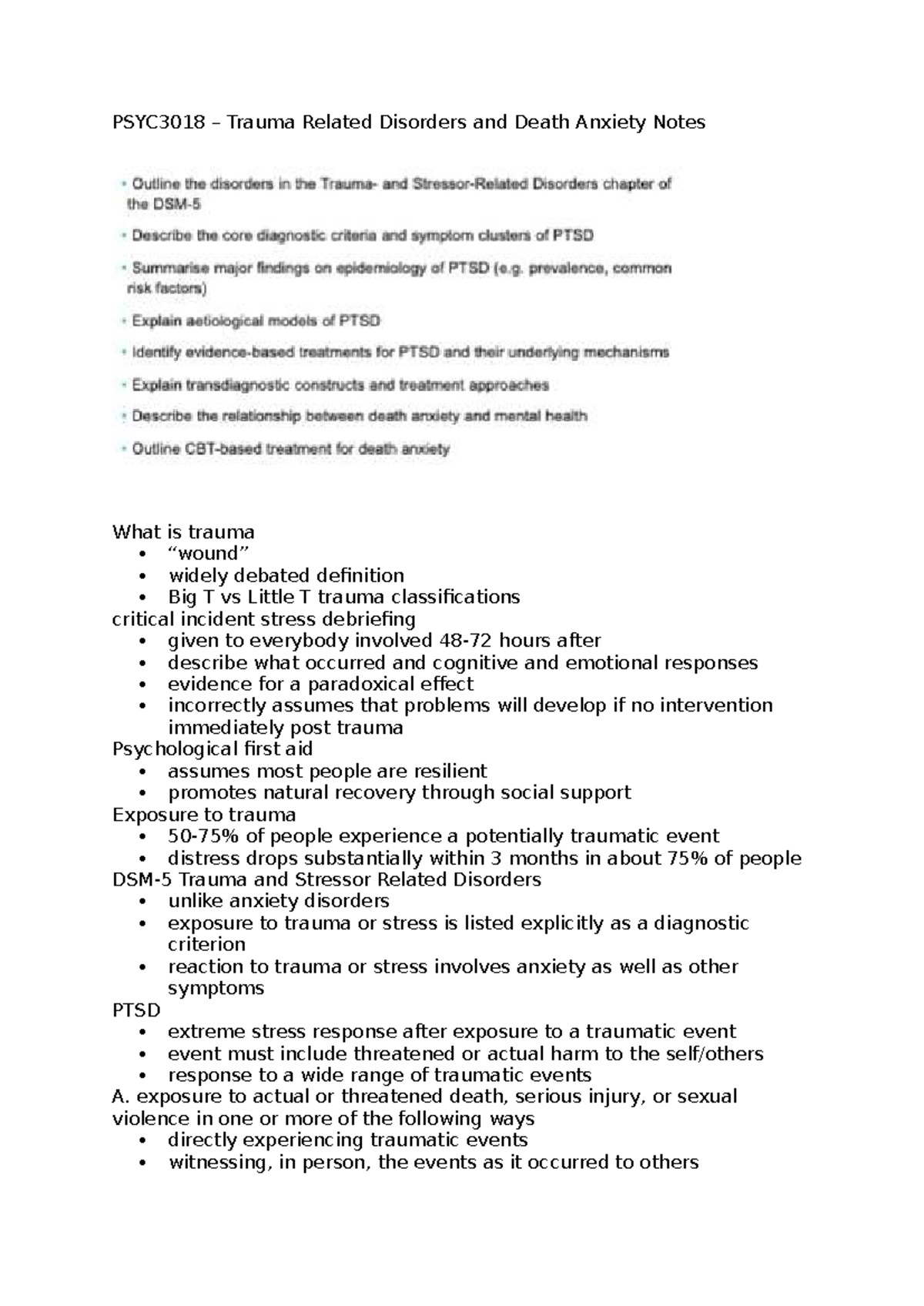 PSYC3018 - Comprehensive Notes on Trauma Disorders & Death Anxiety ...