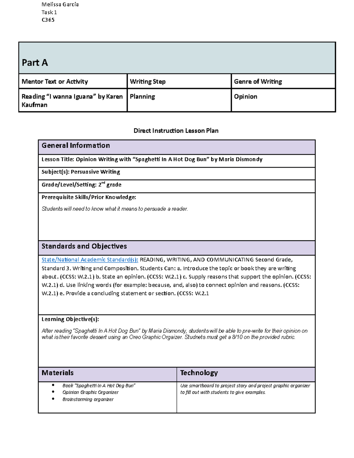 Task 1 - Lesson Plan - Melissa Garcia Task 1 C365 Part A Mentor Text or ...