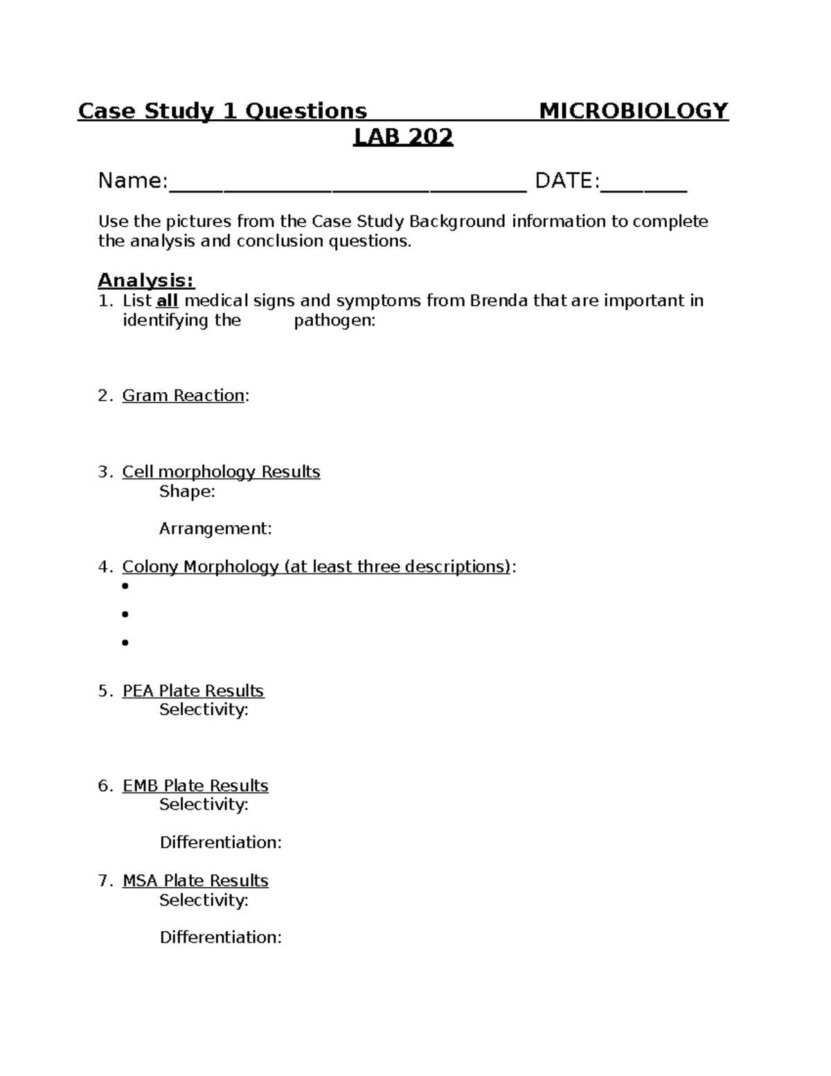 Case Study 1 Questions LAB 202 - Microbiology Analysis & Conclusion ...