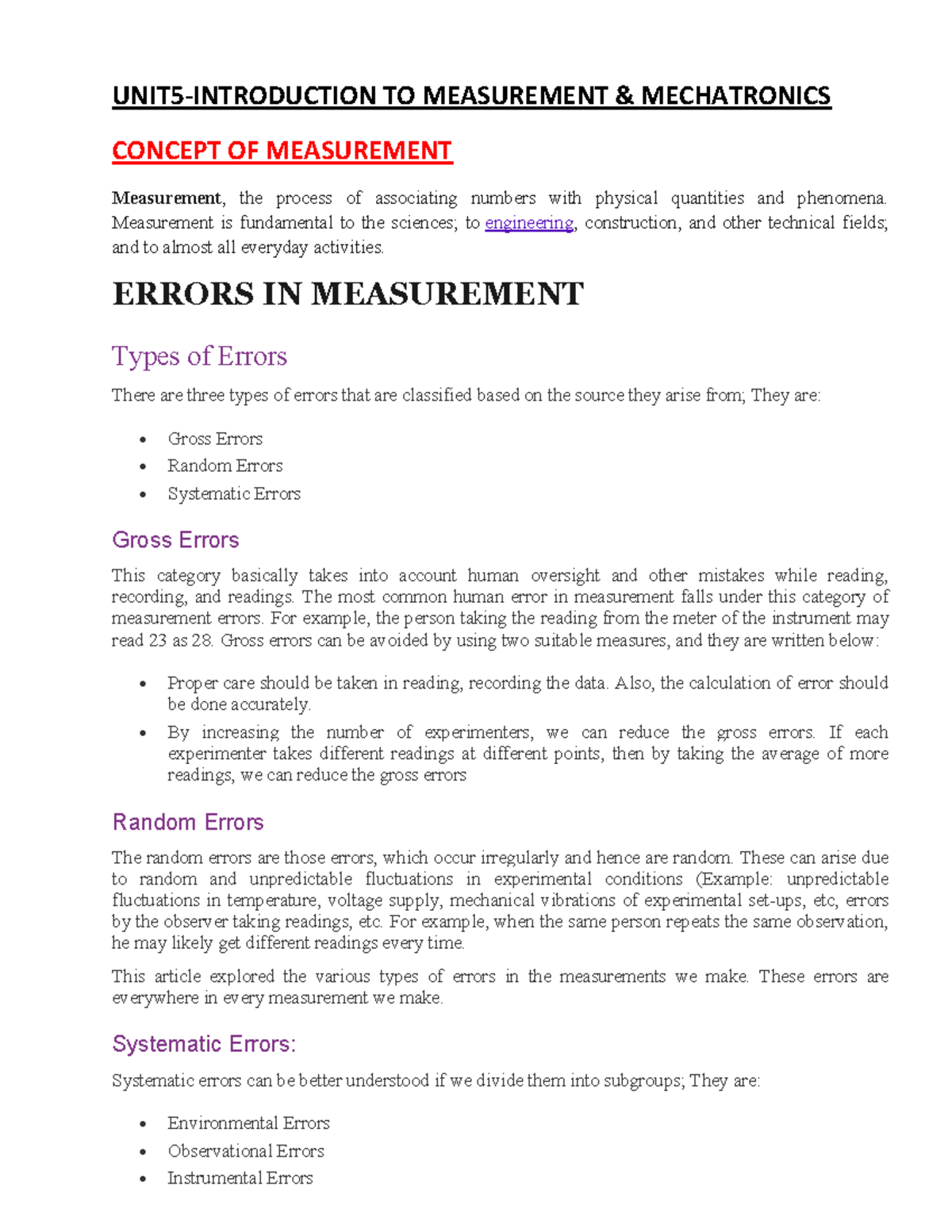 UNIT 5: Measurement & Mechatronics - Understanding Errors & Devices ...