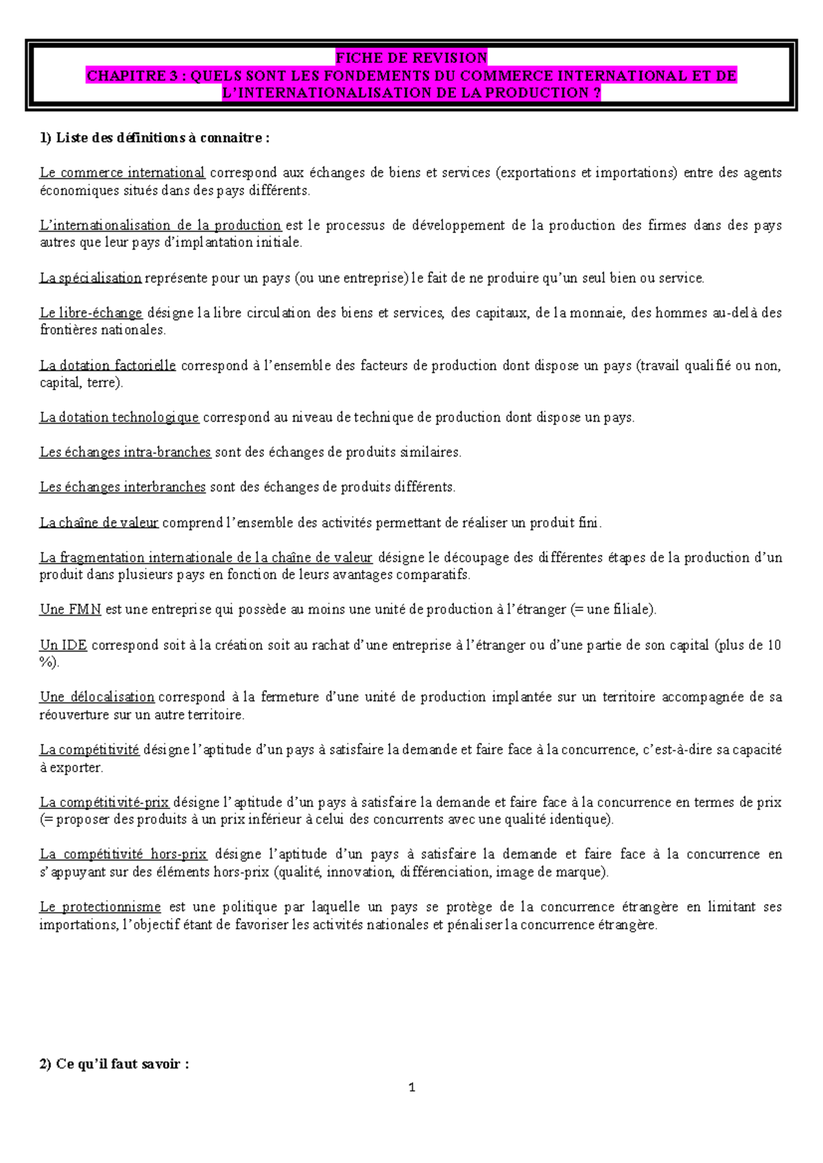 Chap 3 Fiche de Révision: Fondements du Commerce Intl et Prod. - Studocu
