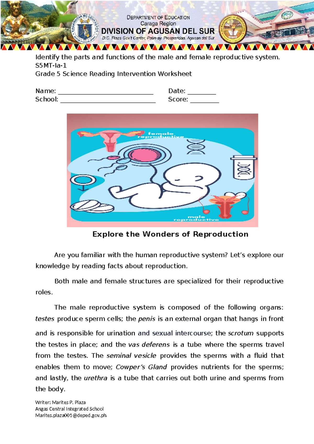 S5LT-IIa-1 male and female reproductive system - Identify the parts and ...