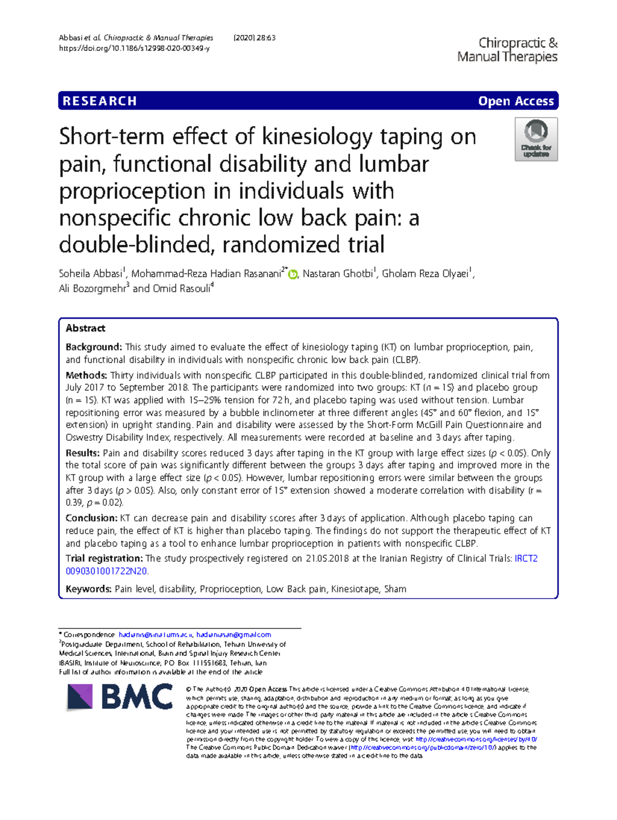 Effect of Kinesiology Taping on Pain and Disability in CLBP: A ...