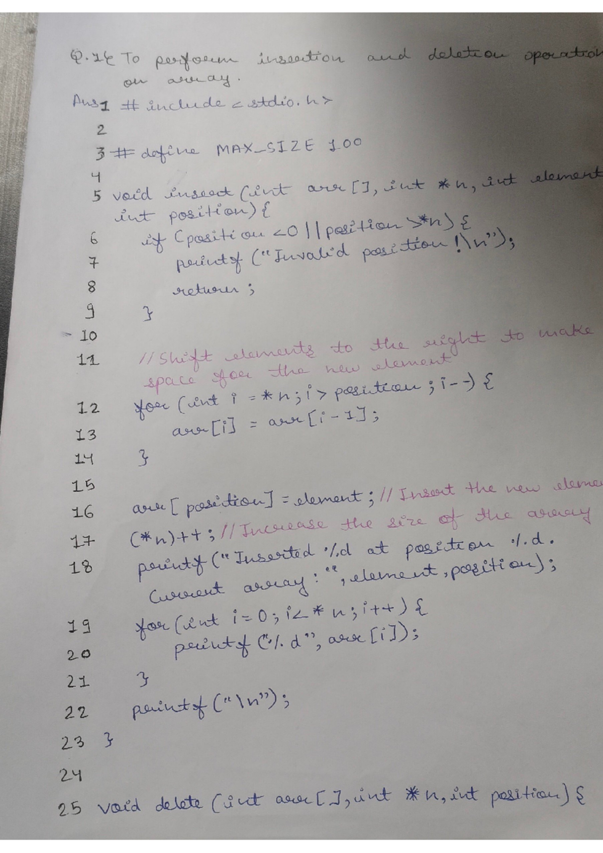 Practical (Data structure) - Q To perform insertion and deletion operation on array. Ans1 ...