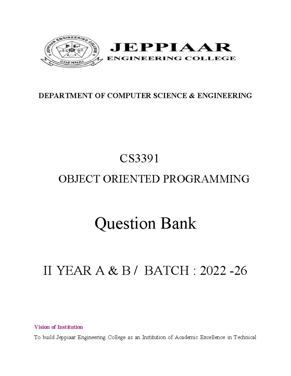 CS3391 Object Oriented Programming Question Bank for 2022 Batch - Studocu