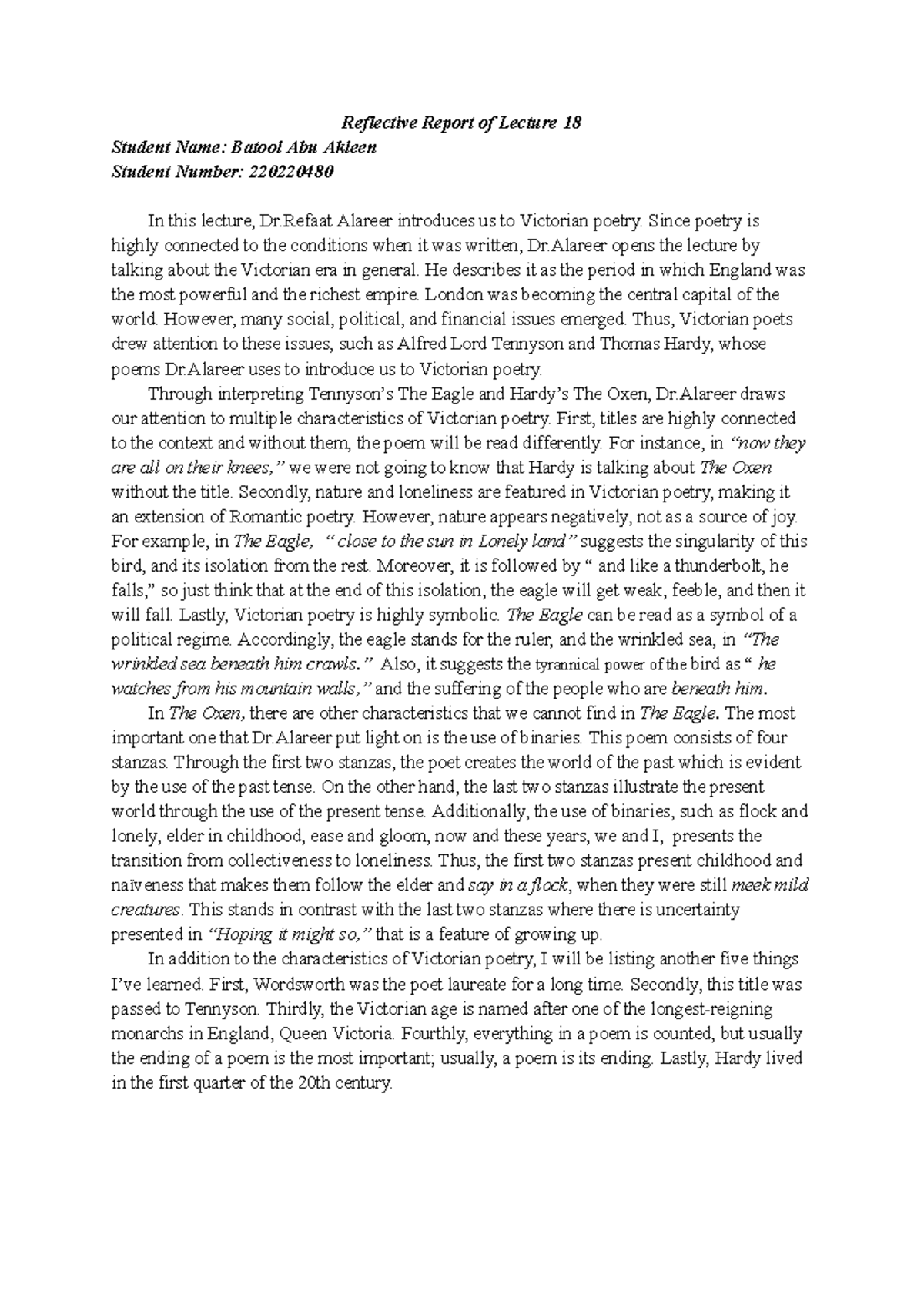 Reflective Report on Lecture 18: Victorian Poetry Insights - Studocu