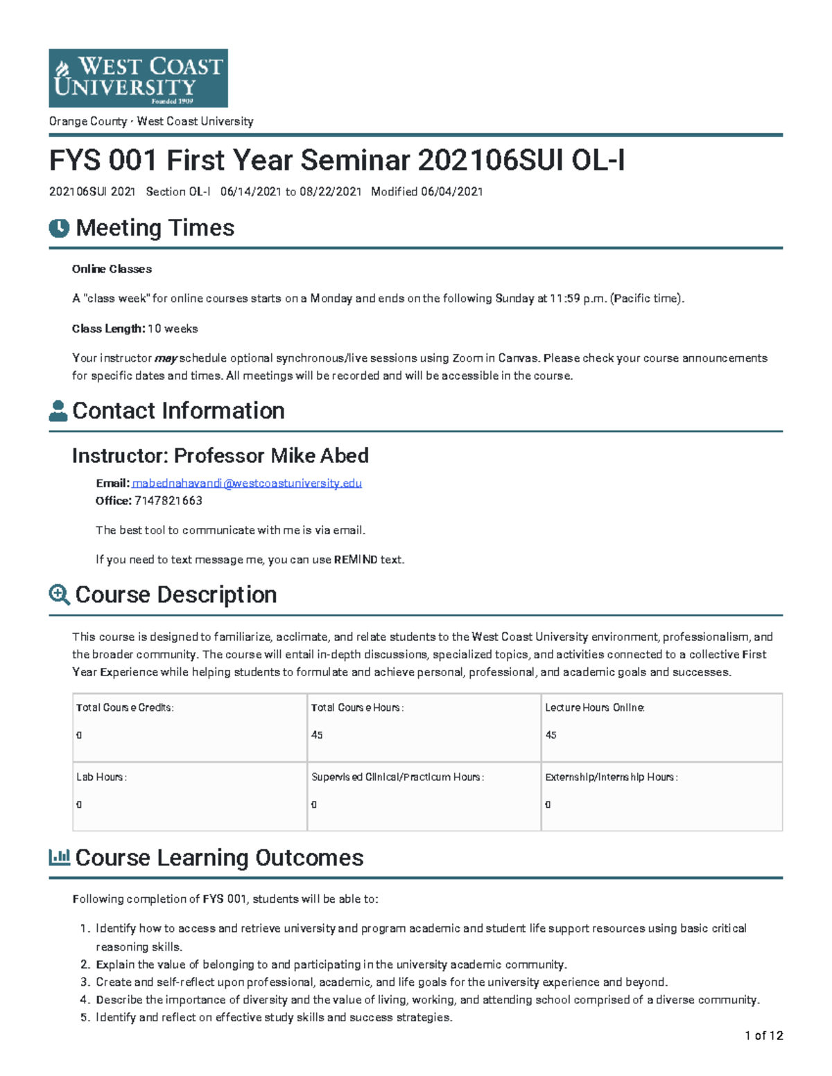 FYS 001 First Year Seminar 202106 SUI OL I 202106 SUI 2021 - Meeting ...