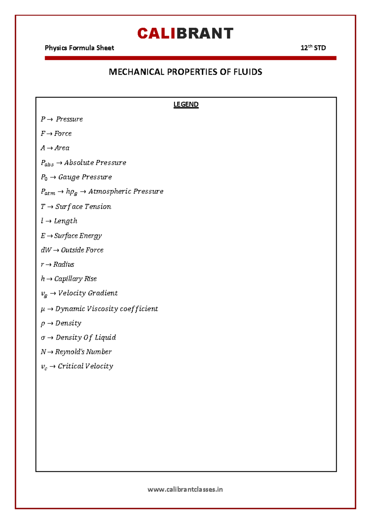 CALIBRANT 12th STD Physics Formula Sheet: Mechanical Properties of ...