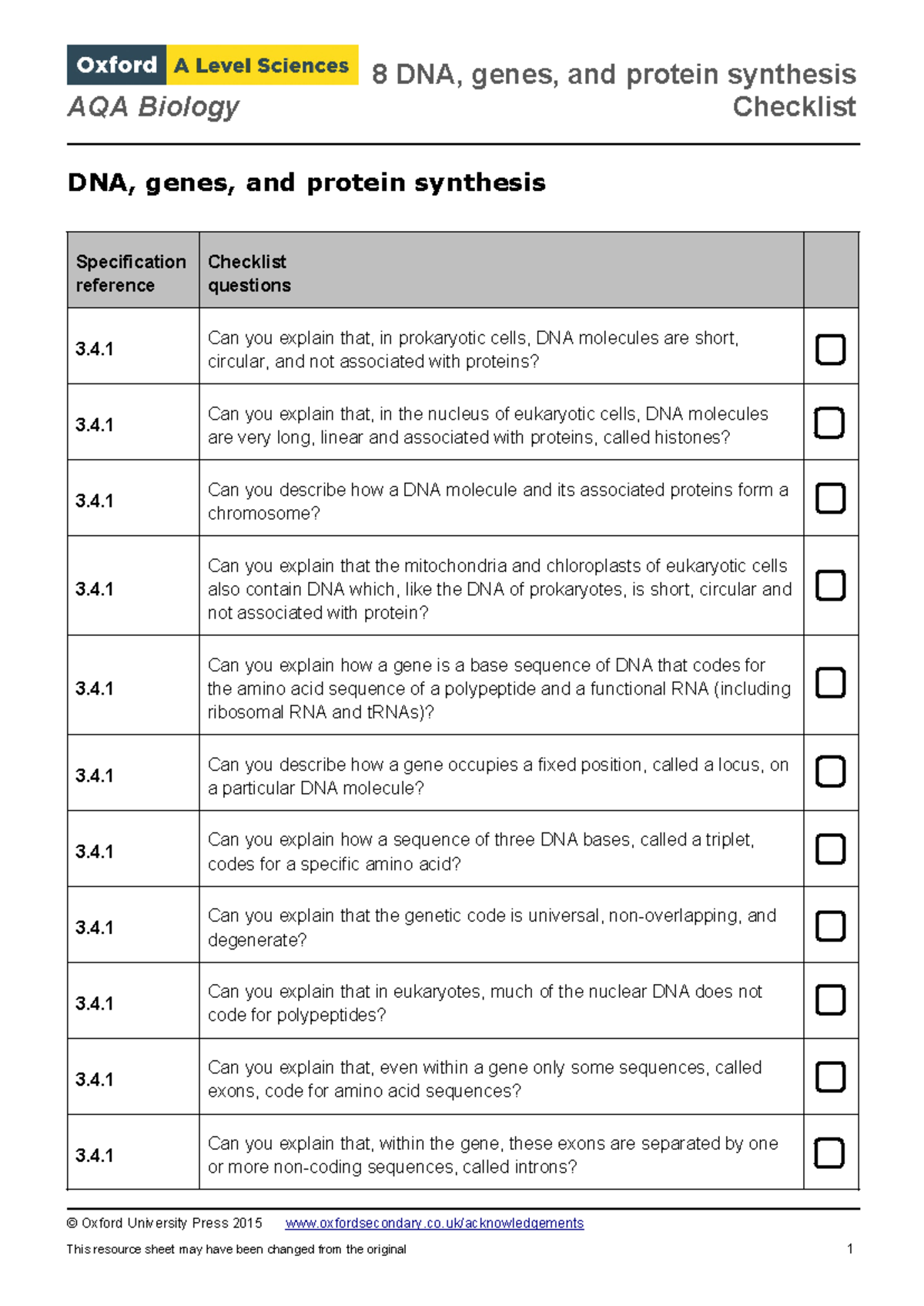 AQA Biology Ch01: DNA, Genes, and Protein Synthesis Checklist - Studocu