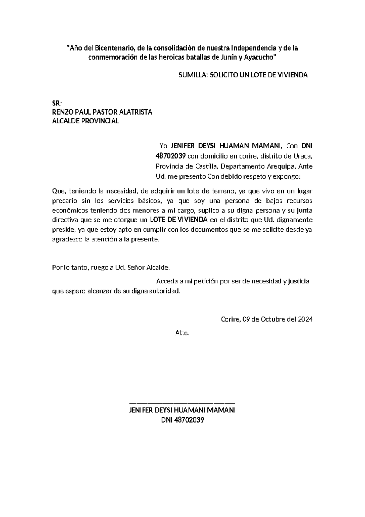 Solicitud DE LOTE - ewtt - “Año del Bicentenario, de la consolidación ...
