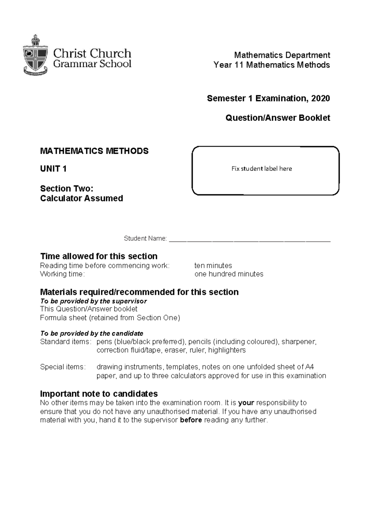CCGS 2020 Year 11 Mathematics Methods Unit 1 Semester 2 Exam - Studocu