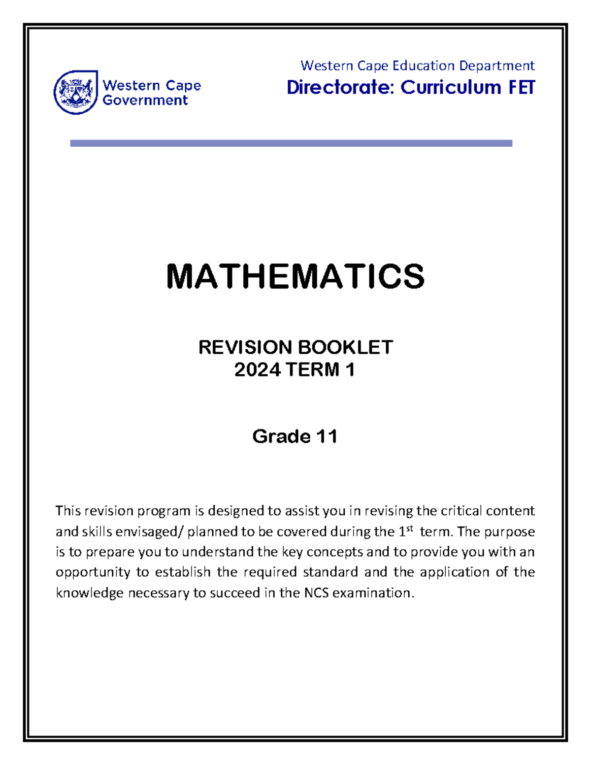 Mathematics Grade 11 Term 1 Revision Booklet 2024 - Studocu