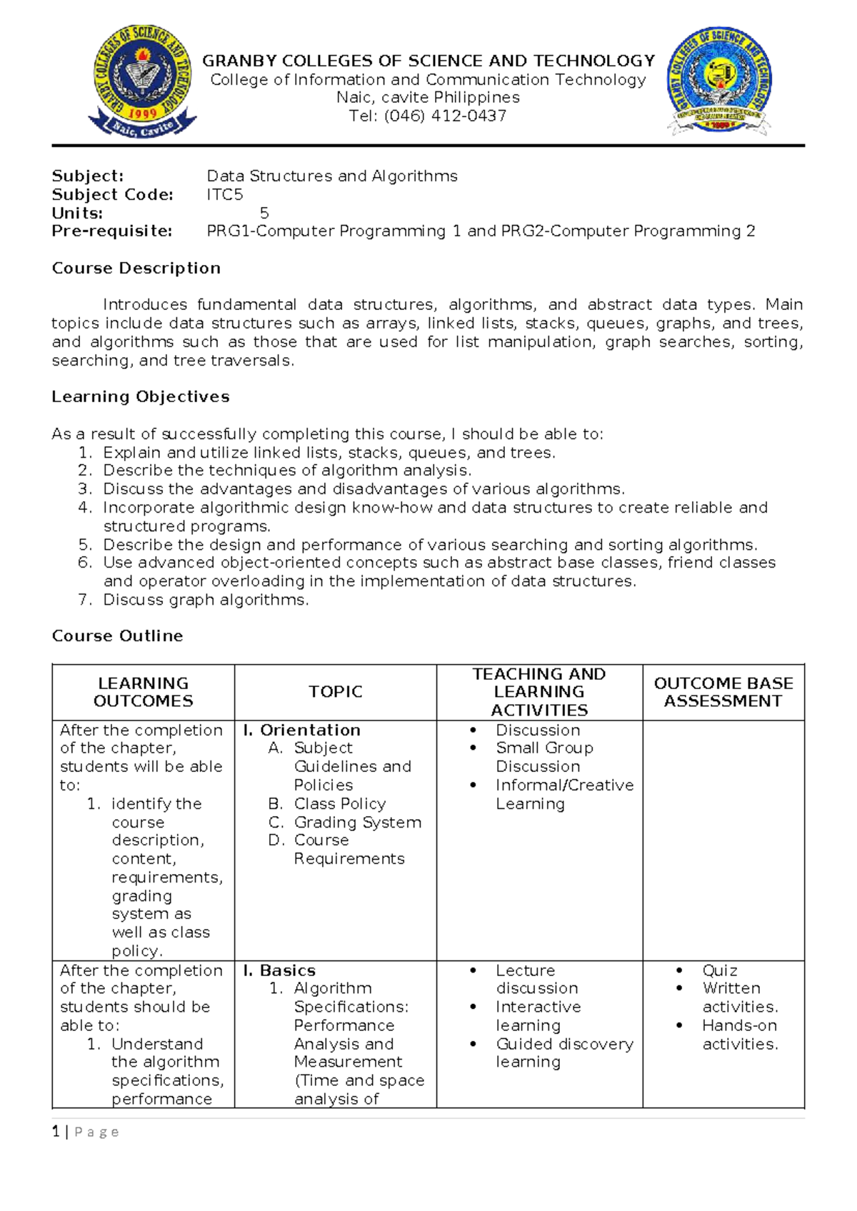 DATA Structures and Algorithms ITC5 Course Overview and Learning ...