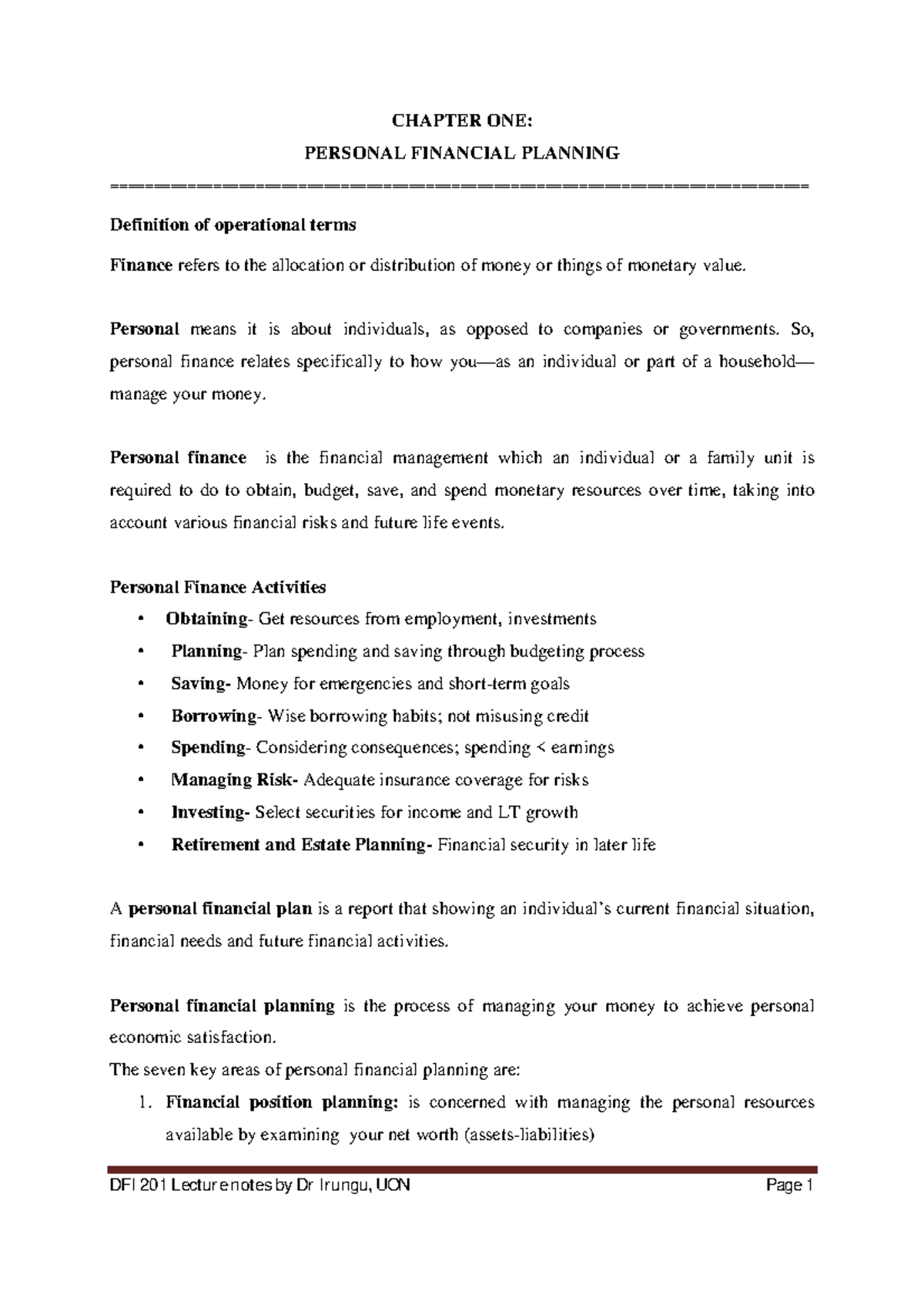 DFI 201 Lecture Notes: Personal Financial Planning Overview - Studocu