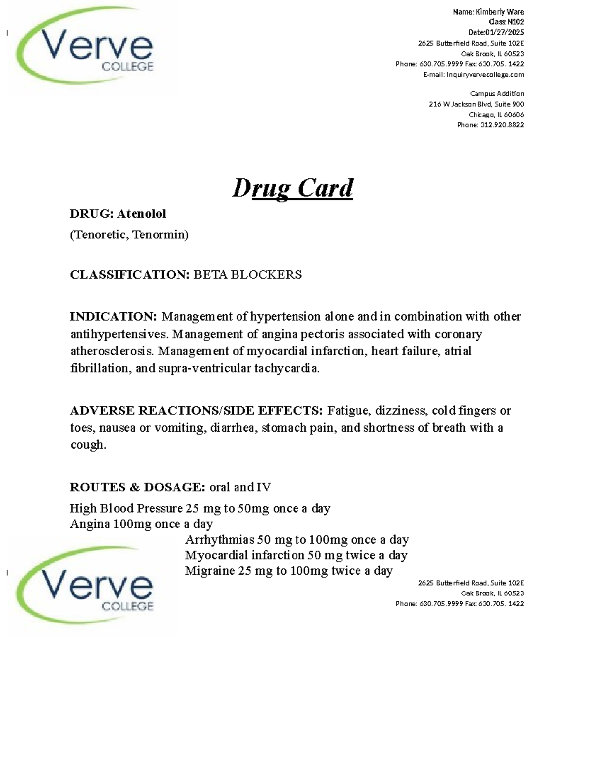 Atenolol drug card - N102 class notes on beta blockers and indications ...