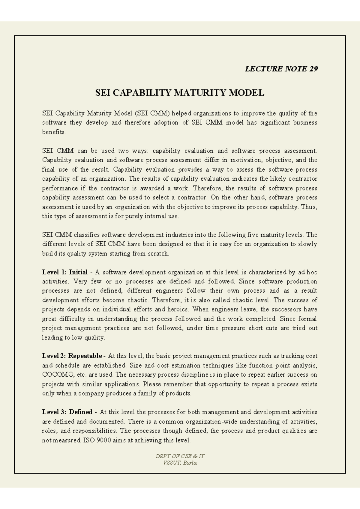 SEI Capability Maturity Model Lecture Notes (CSE & IT) - Studocu