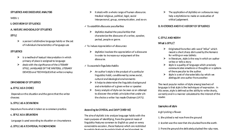 Stylistics and Discourse Analysis - Week 1 Overview - Studocu