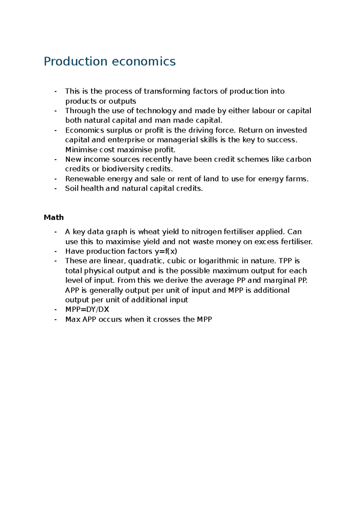 Agri1001 - Production Economics Lecture Notes on Inputs and Outputs ...