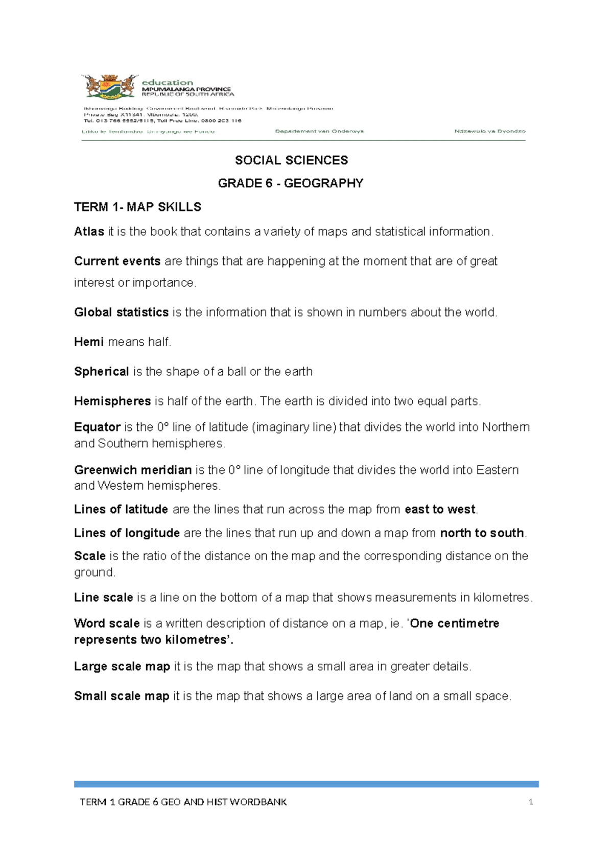 Grade 6 Social Sciences Term 1 Geography & History Word Bank 040538 ...
