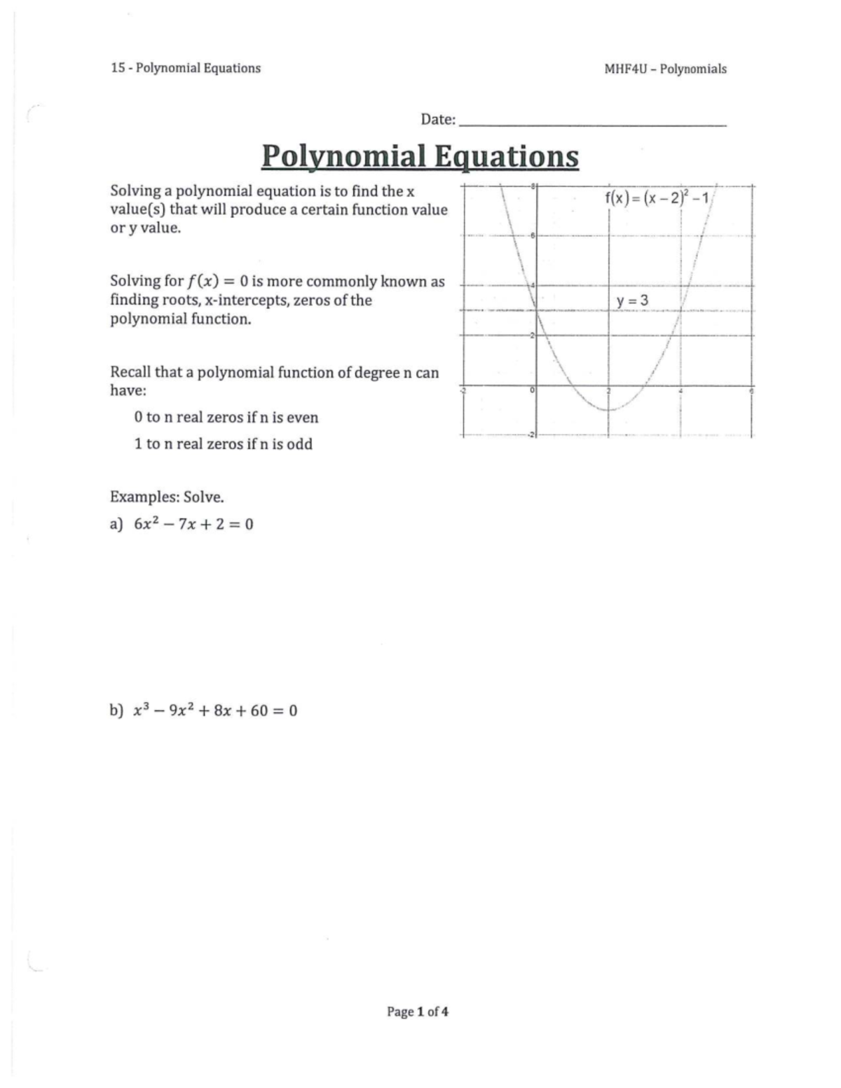 Lesson 7: Solving Polynomial Equations MHF4U - Studocu