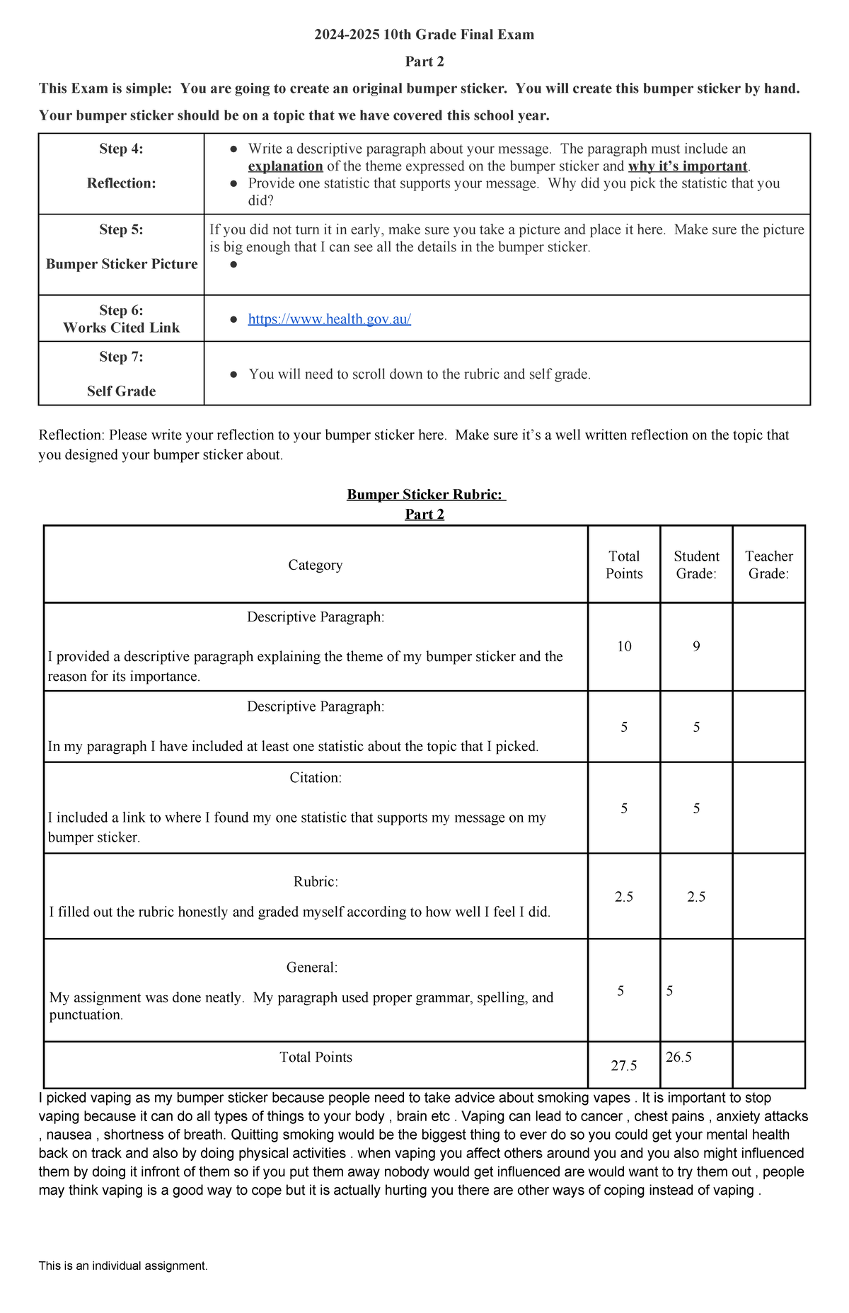 10th Grade Final Exam 2025: Bumper Sticker Project Reflection - Studocu