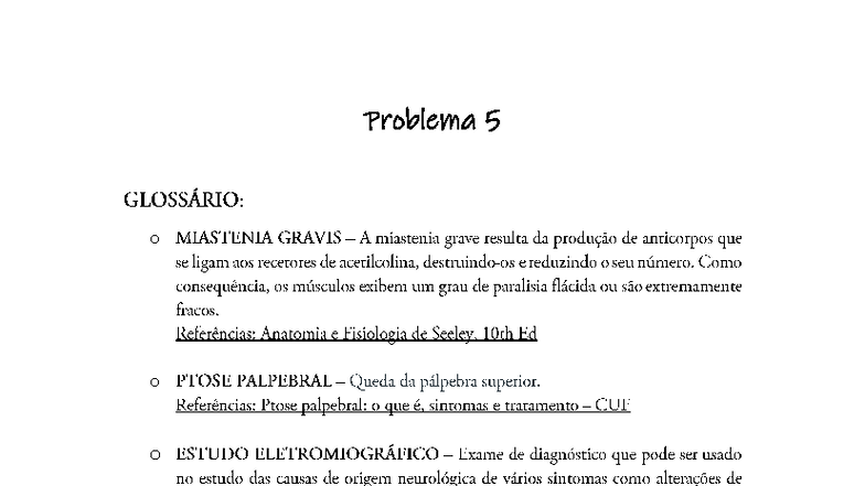 Problema 5: Glossário sobre Miastenia Gravis e Fadiga Neuromuscular - Studocu