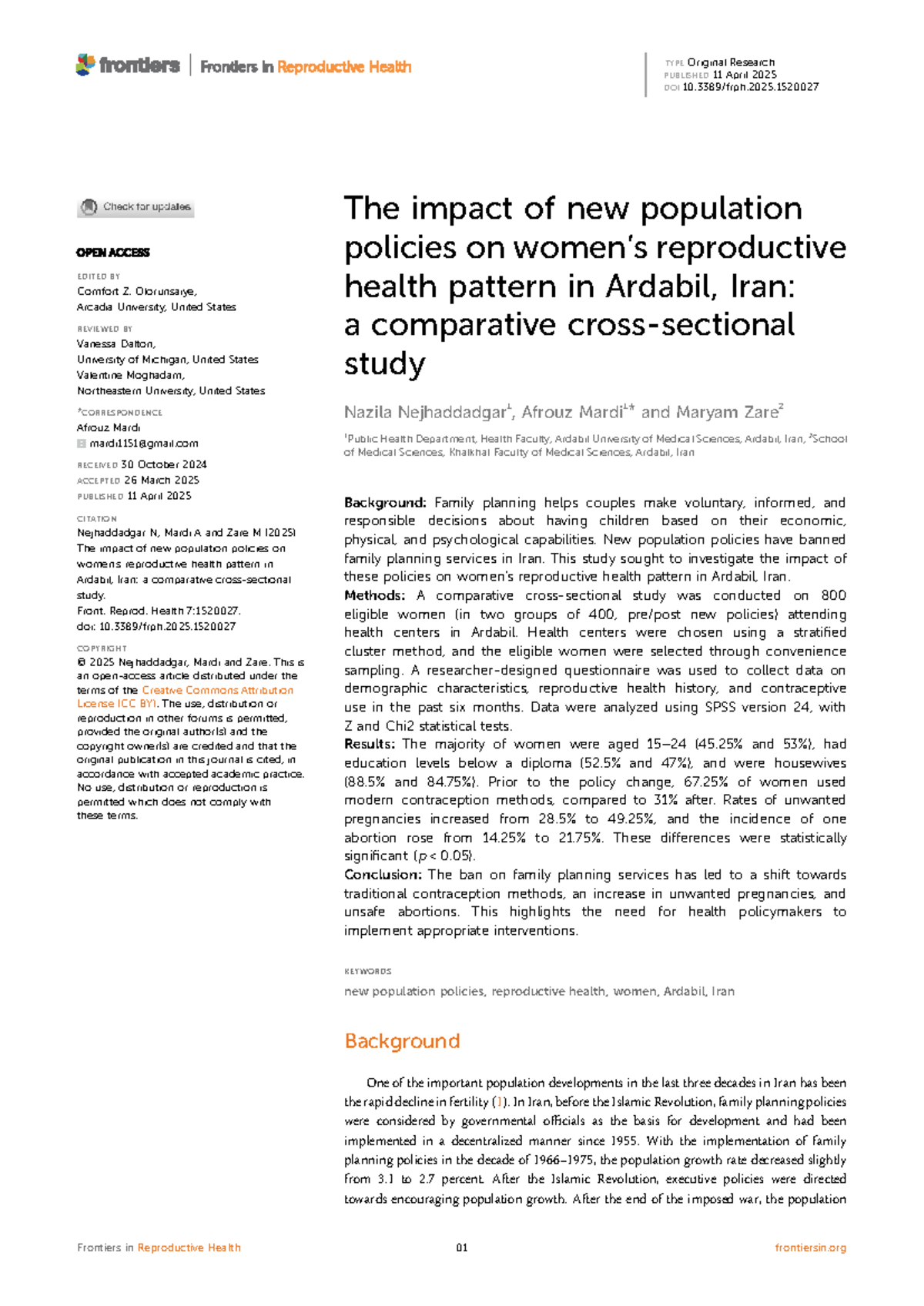 Impact of New Population Policies on Reproductive Health in Ardabil ...