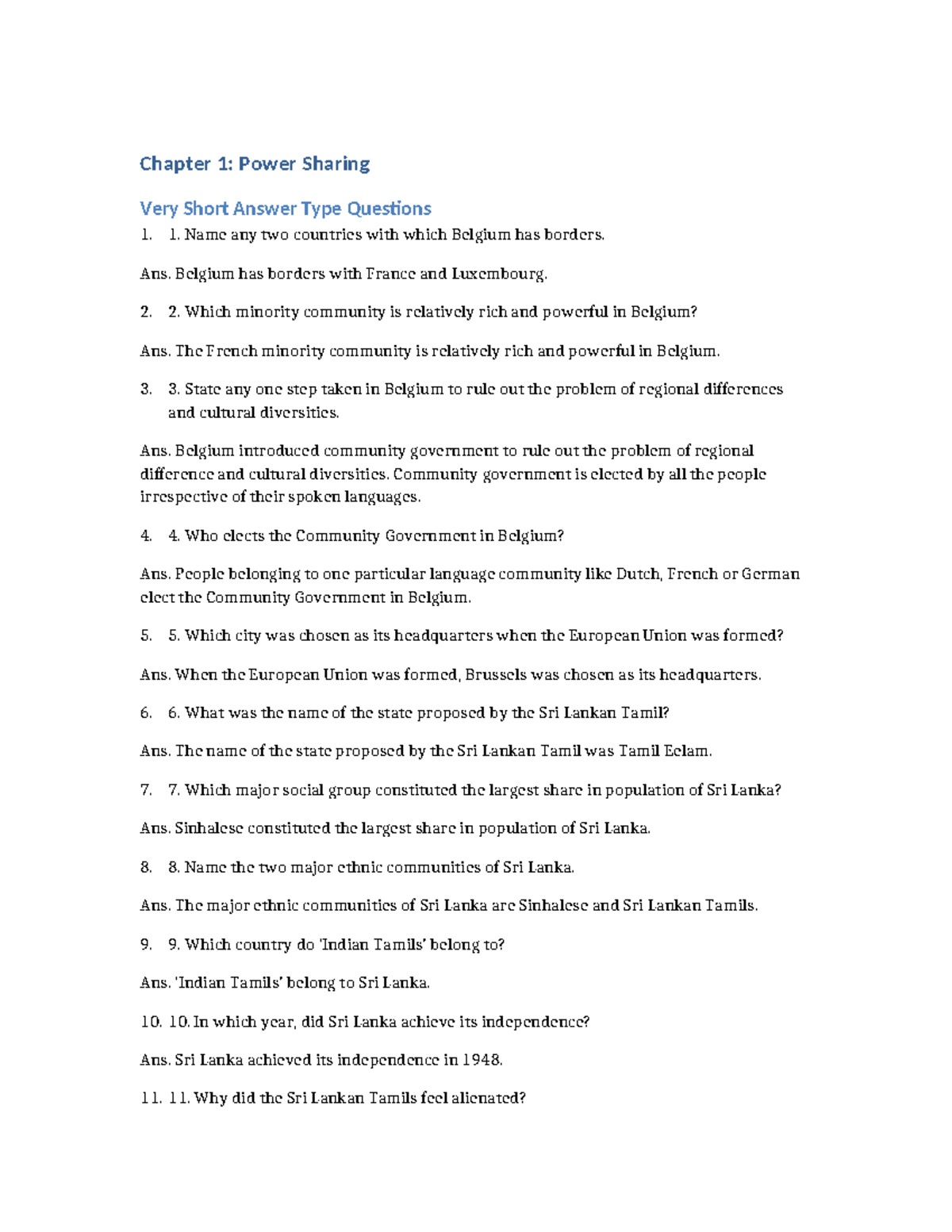 Chapter 1: Power Sharing - Very Short Answer Questions (VSAQs) - Studocu