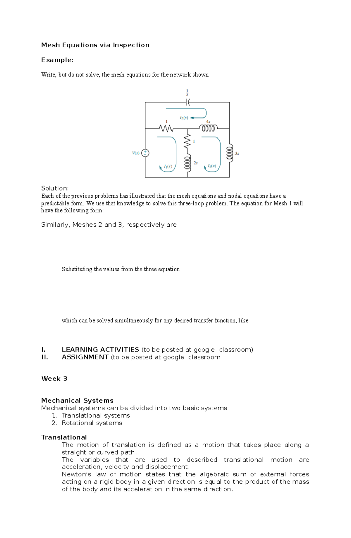Mesh Equations for Mechanical Systems via Inspection (MECH 101) - Studocu