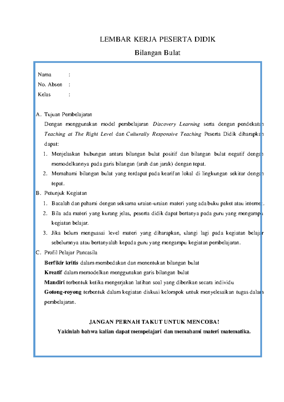 Lembar Kerja Peserta Didik Mandiri: Bilangan Bulat dan Model Garis ...