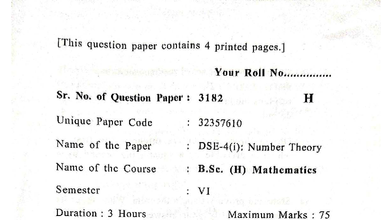 B.Sc. (H) Mathematics VI Sem Number Theory PYQ Paper 3182 - Studocu