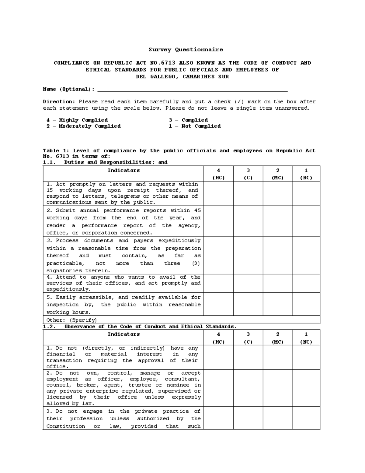 Survey Questionnaire on Compliance with RA No. 6713 - ASMC - Studocu