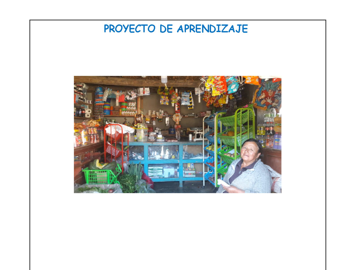 Proyecto de Aprendizaje: "Una Tienda en Nuestra Aula" - I.E.I 1641 - Studocu