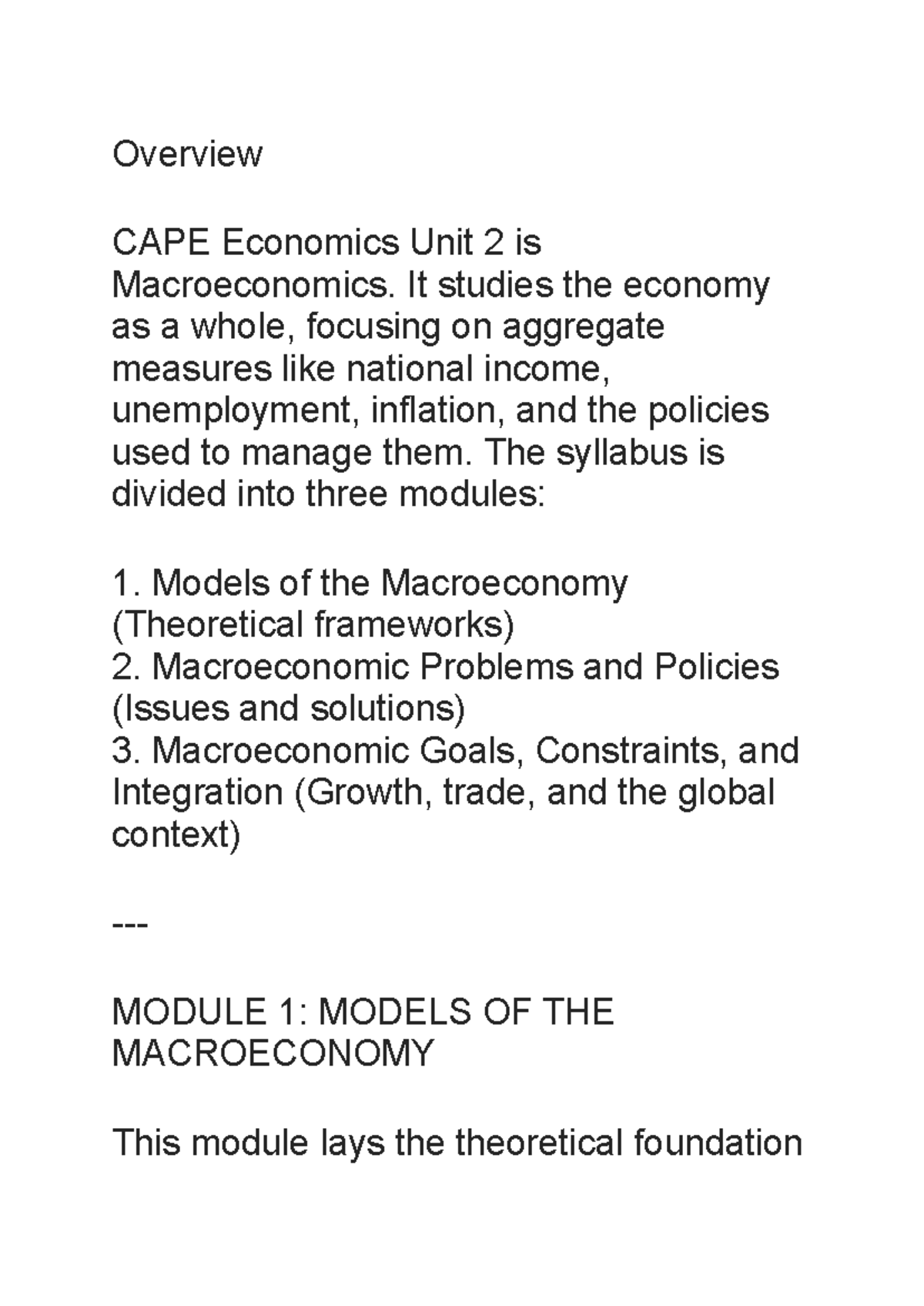 Econ Unit 2: Overview of Macroeconomics and Key Concepts - Studocu
