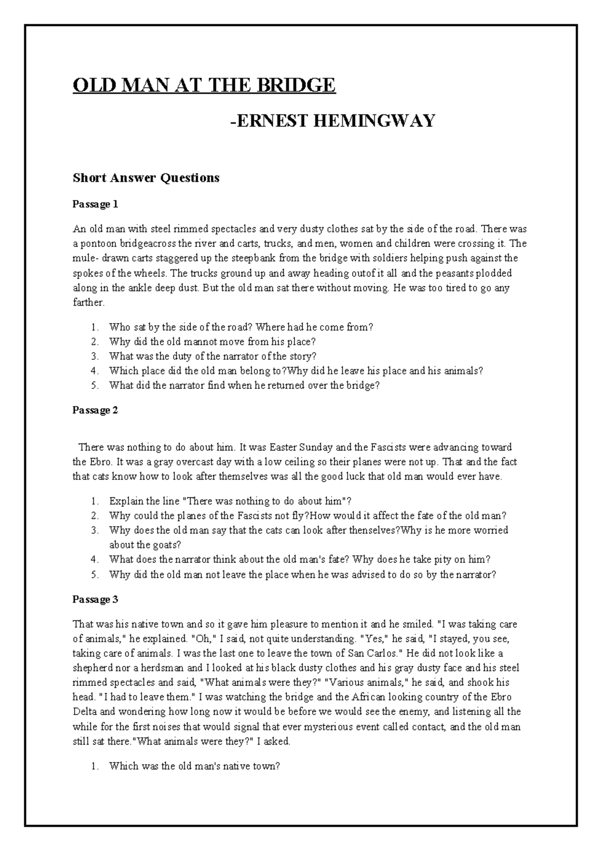 420560421 OLD MAN AT THE BRIDGE HEMINGWAY Short Answer Qs & Analysis ...