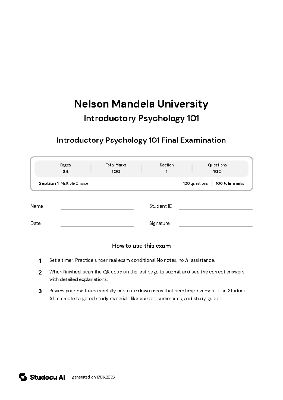 Introductory Psychology 101 Final Exam - Studocu