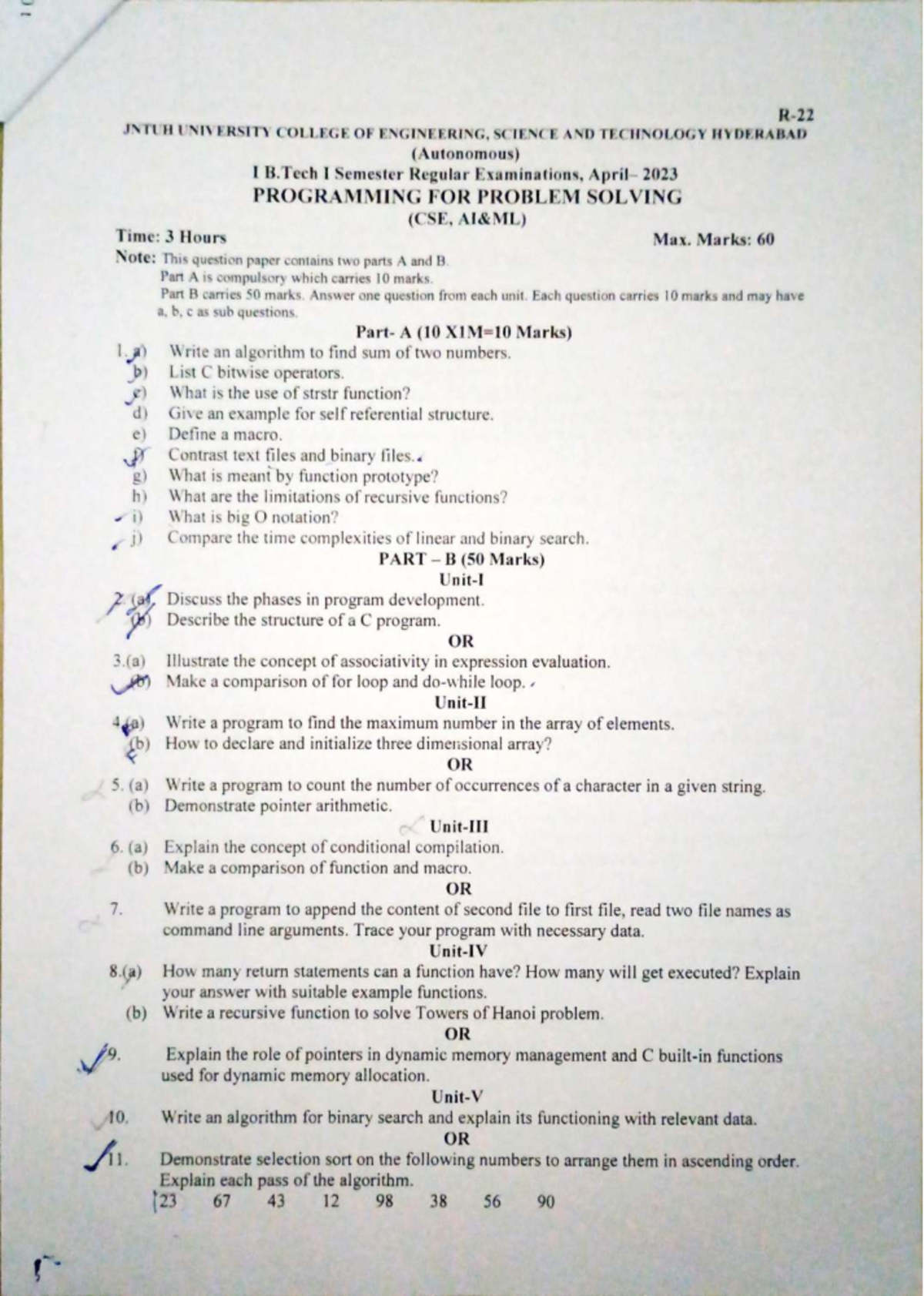 PPS 1-1 April 2023 - Programming for Problem Solving (C) - R22 Exam - Studocu